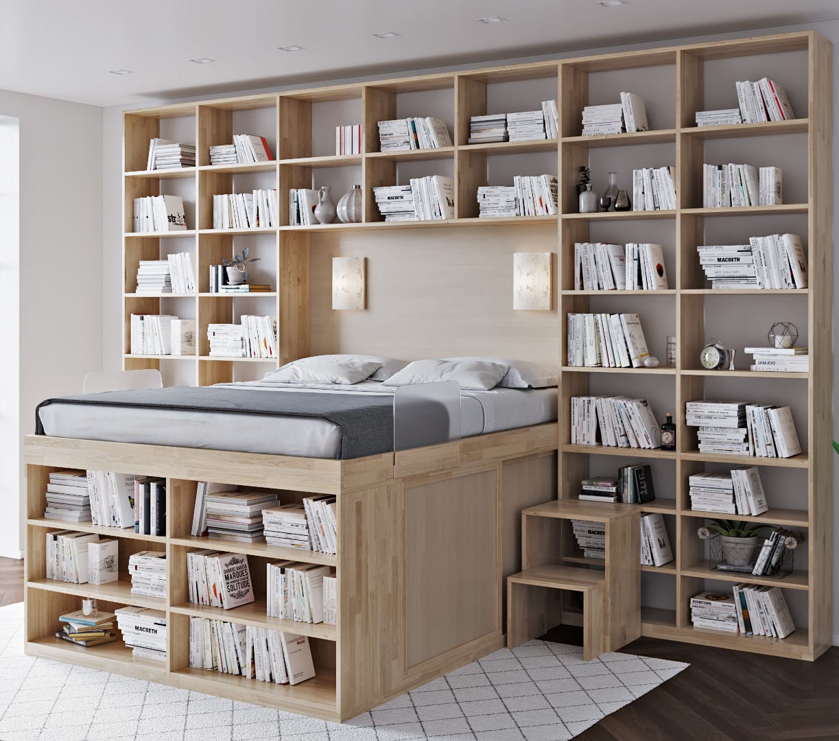 Loft bed - Bookcase - Cinius - double / contemporary / with in-base storage