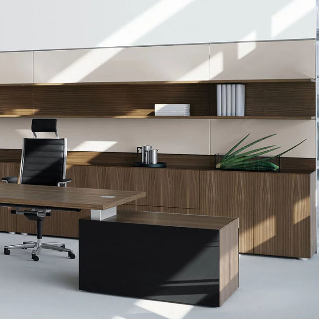 Low filing cabinet - P2 - Bene GmbH - wood veneer / aluminum / glass