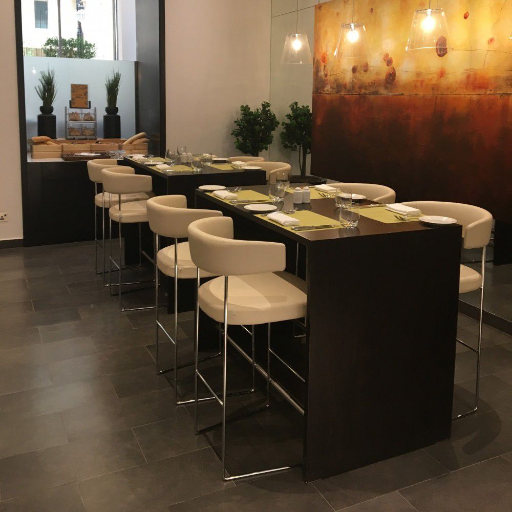 Contemporary bar stool - TAURO - Andreu World - leather / fabric / steel