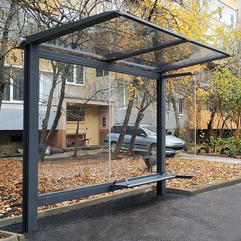 Sheet metal bus shelter - H1 - ALOES RED - tempered glass / with bench