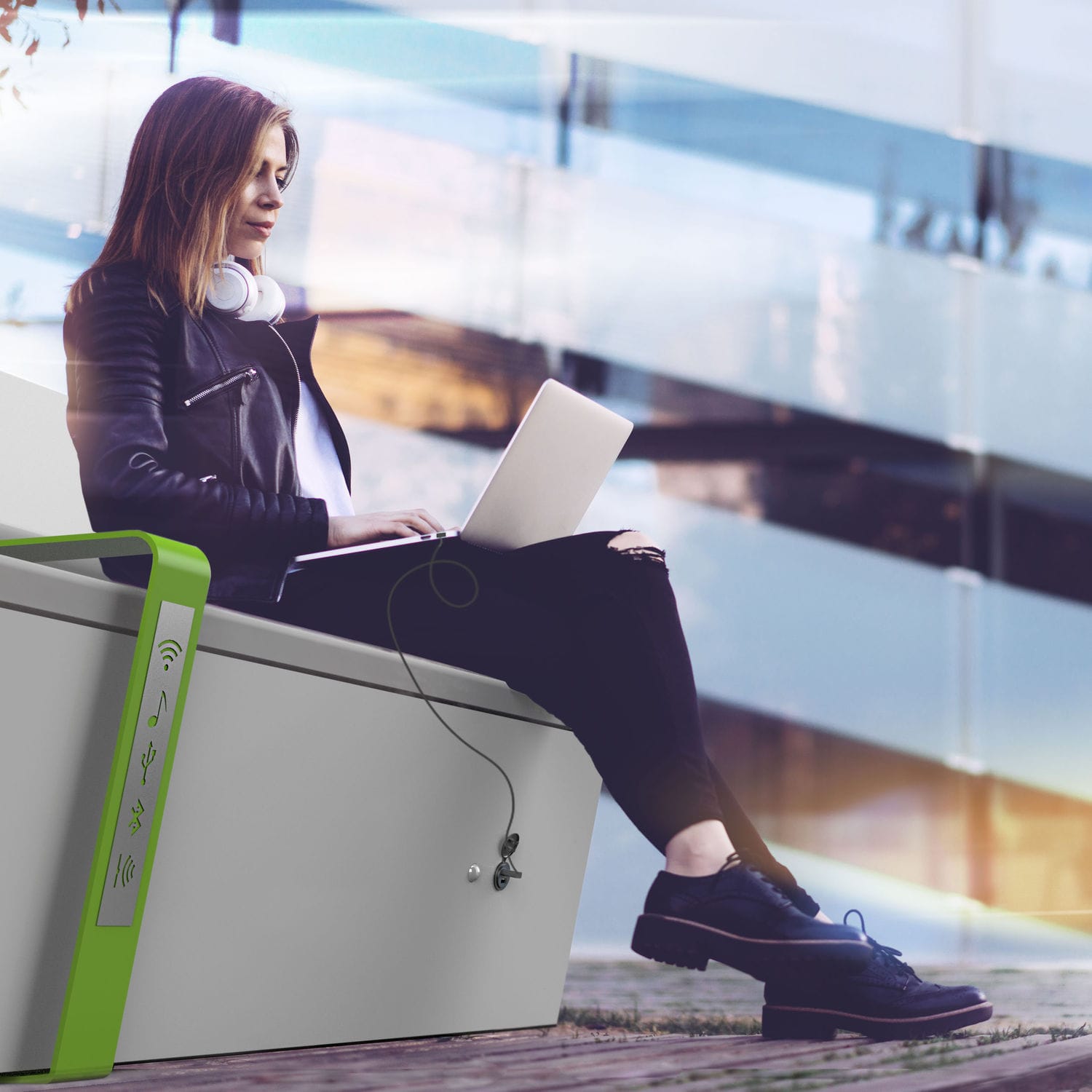 Connected bench - SMART - LAB23 - contemporary / exotic wood / steel