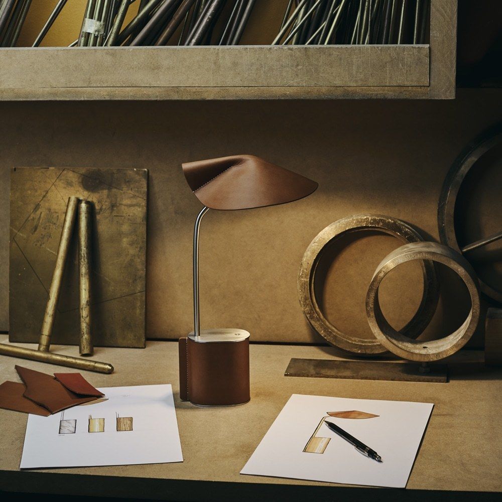 Table lamp - PICO - HISLE - stainless steel / leather / contemporary