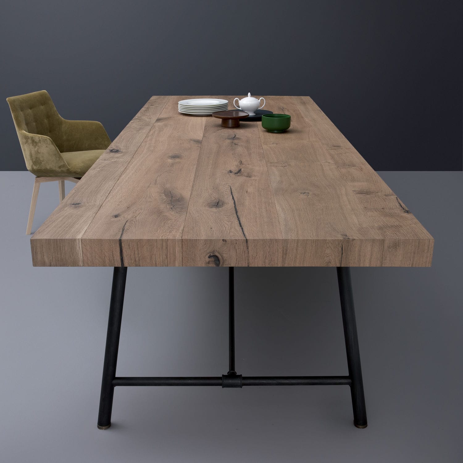 Contemporary work table - PLOMBIER - ESTEL - wood veneer / oak / metal