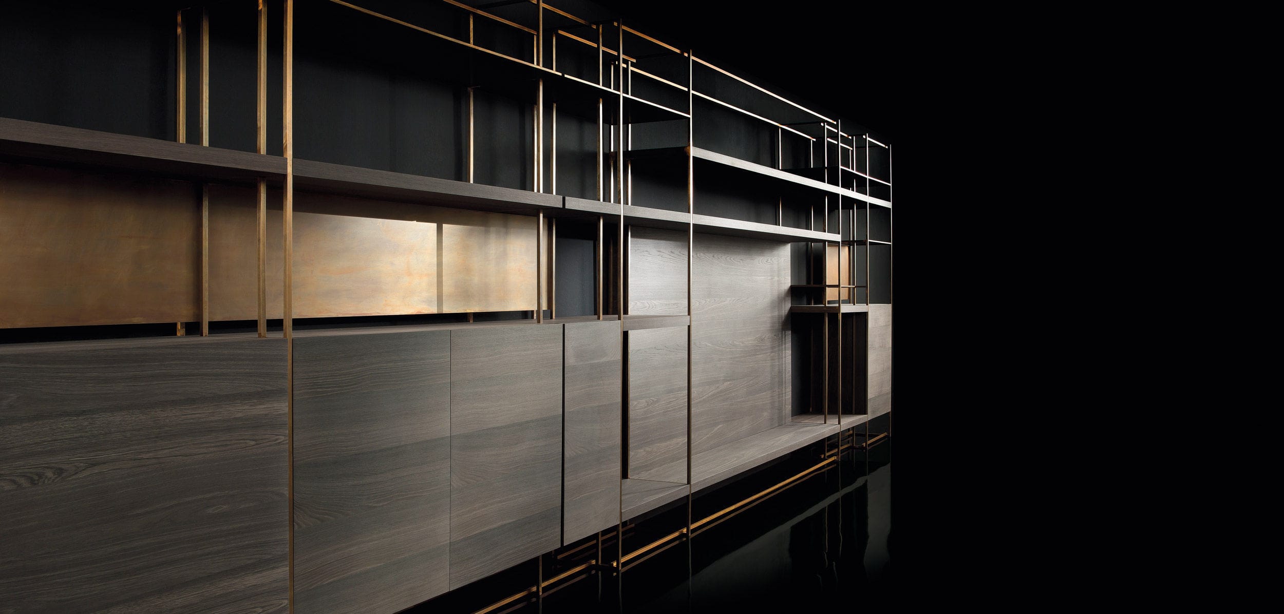 Free-standing bookcase - CAGE-C - Henge - contemporary / oak / brass