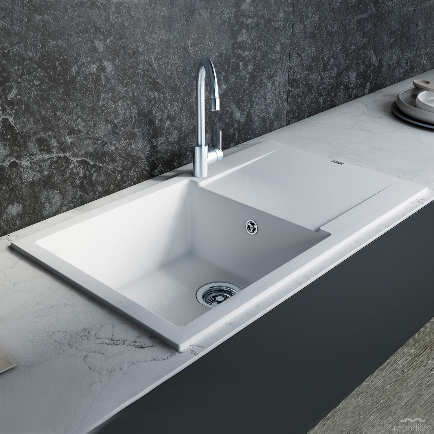 Single-bowl kitchen sink - SUPREME 880 - Mundilite - with drainboard ...