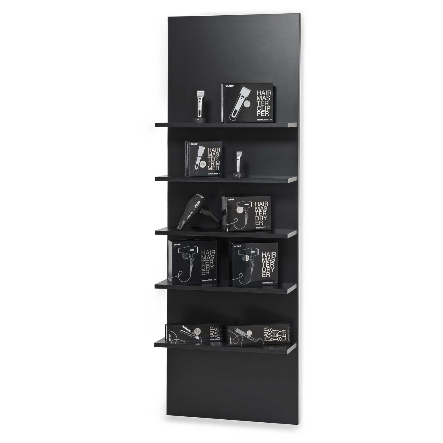 Wall-mounted display rack - BASIC FB - OLYMP - wooden / one-sided / 5-shelf