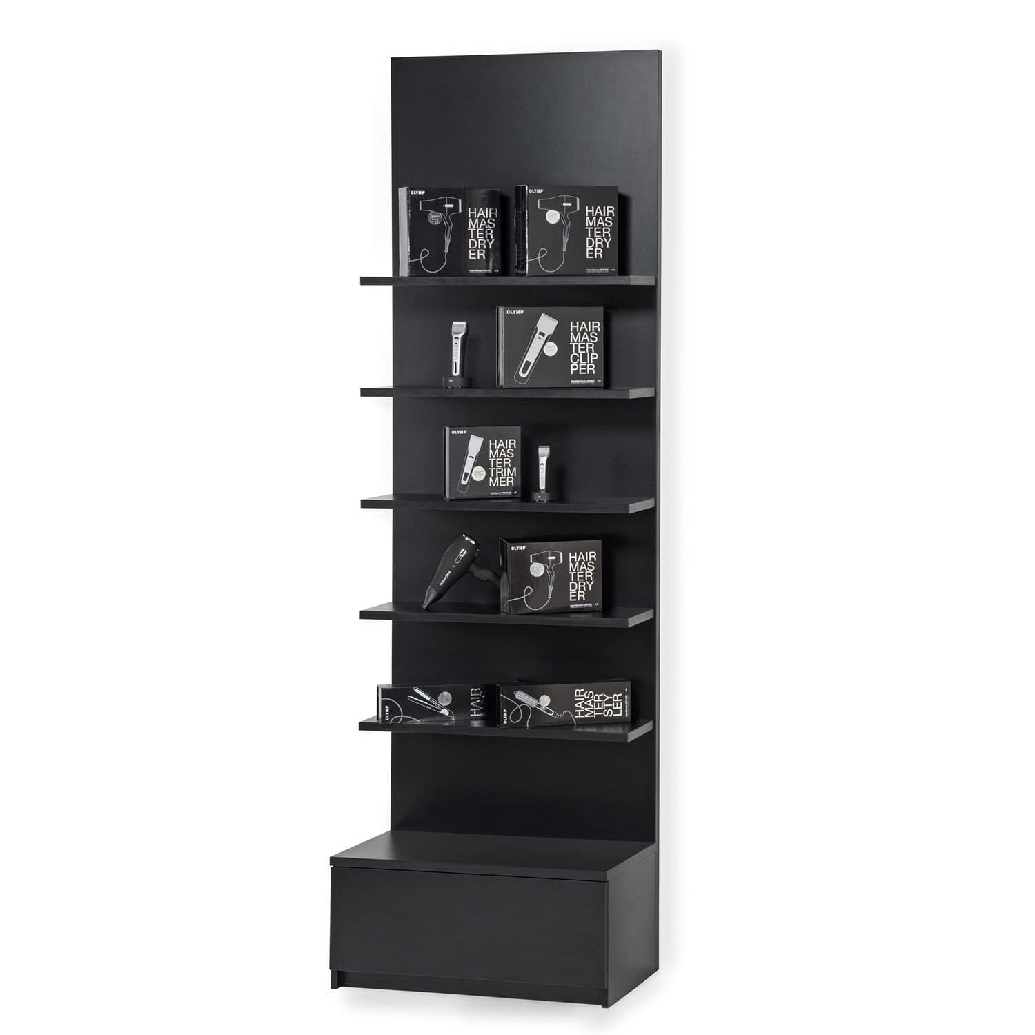 Wall-mounted display rack - BASIC SK - OLYMP - wooden / one-sided / 5-shelf