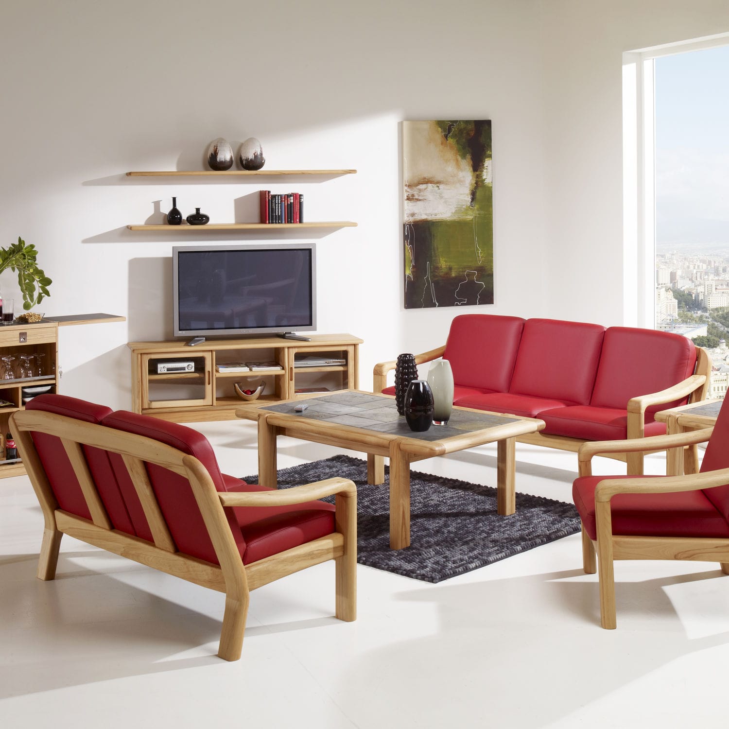 Scandinavian design sofa - 1240A series - dyrlund - fabric / leather / red