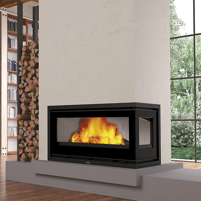 Corner fireplace insert - CAIRO 90 E - Bronpi - wood-burning / steel ...
