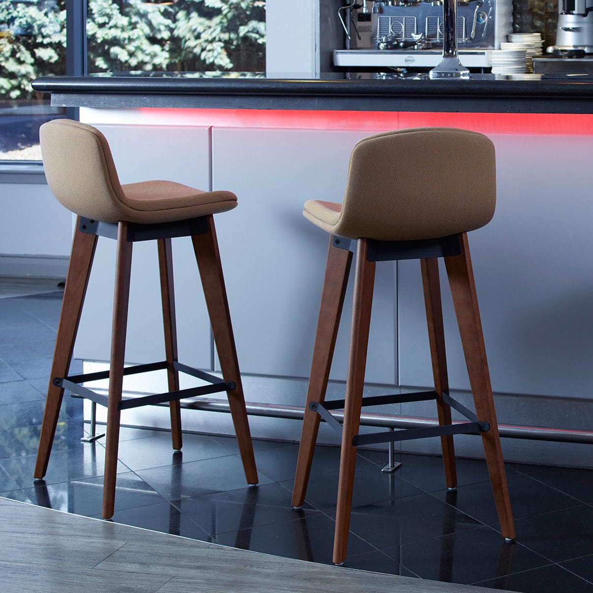 Contemporary bar chair - CUBB - Orange Box - indoor / fabric / oak base