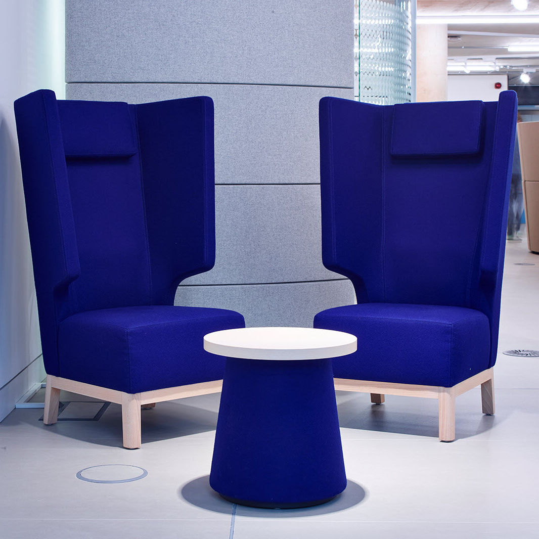 Contemporary fireside chair - BOOM - Orange Box - fabric / wooden / wing