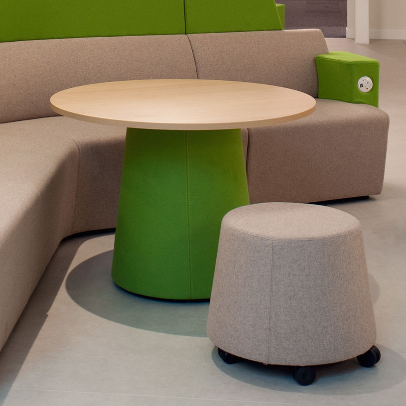 Contemporary bistro table - HEP - Orange Box - wooden / fabric / round