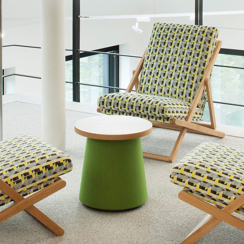 Contemporary side table - HEP - Orange Box - wooden / fabric / round