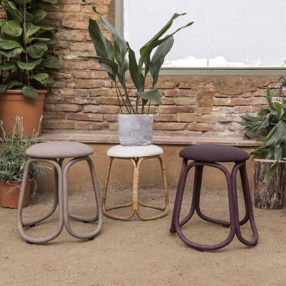 Contemporary stool - GRES : T087 - expormim - rattan / velvet / wool