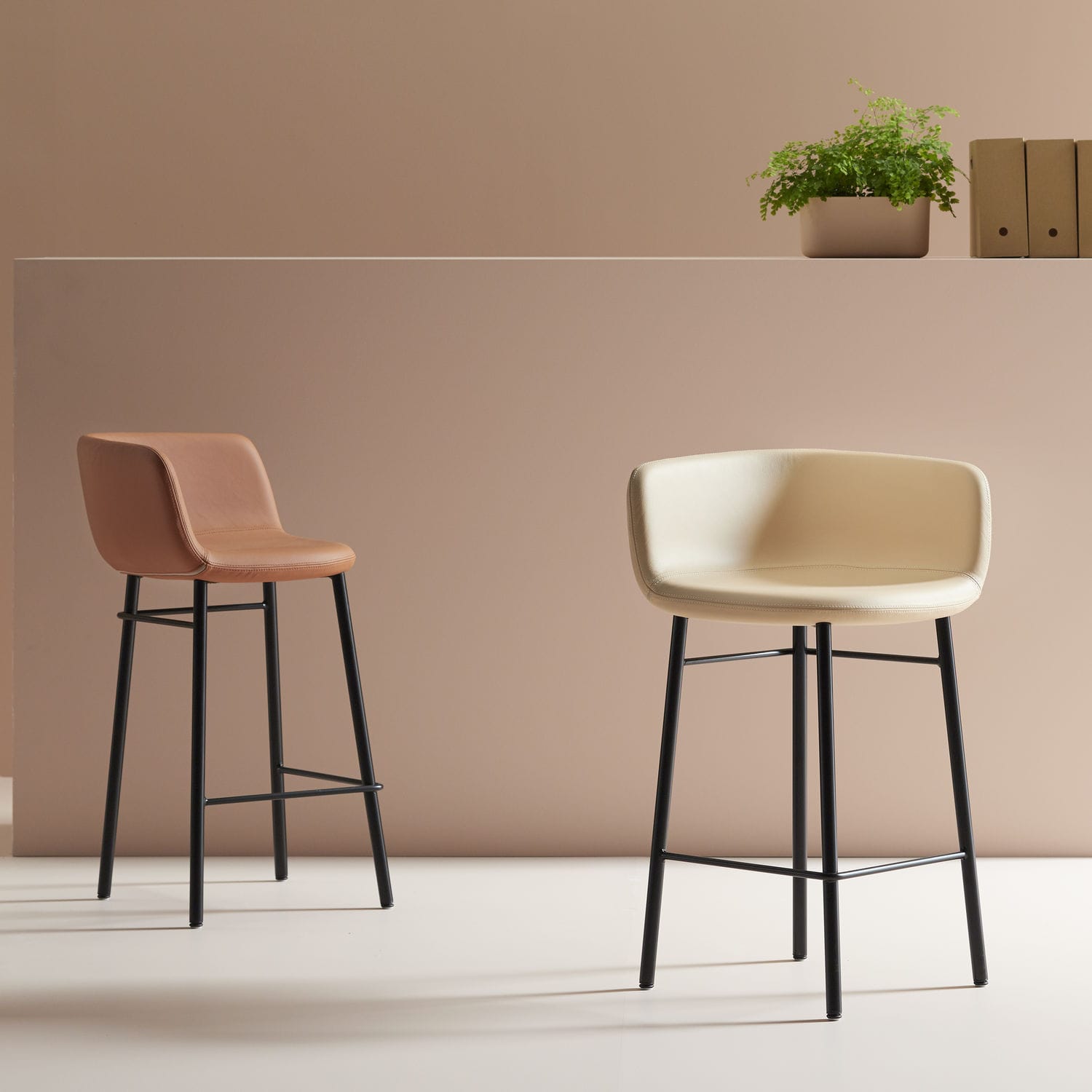 Contemporary bar stool - XOKO - AKABA - leather / fabric / steel base