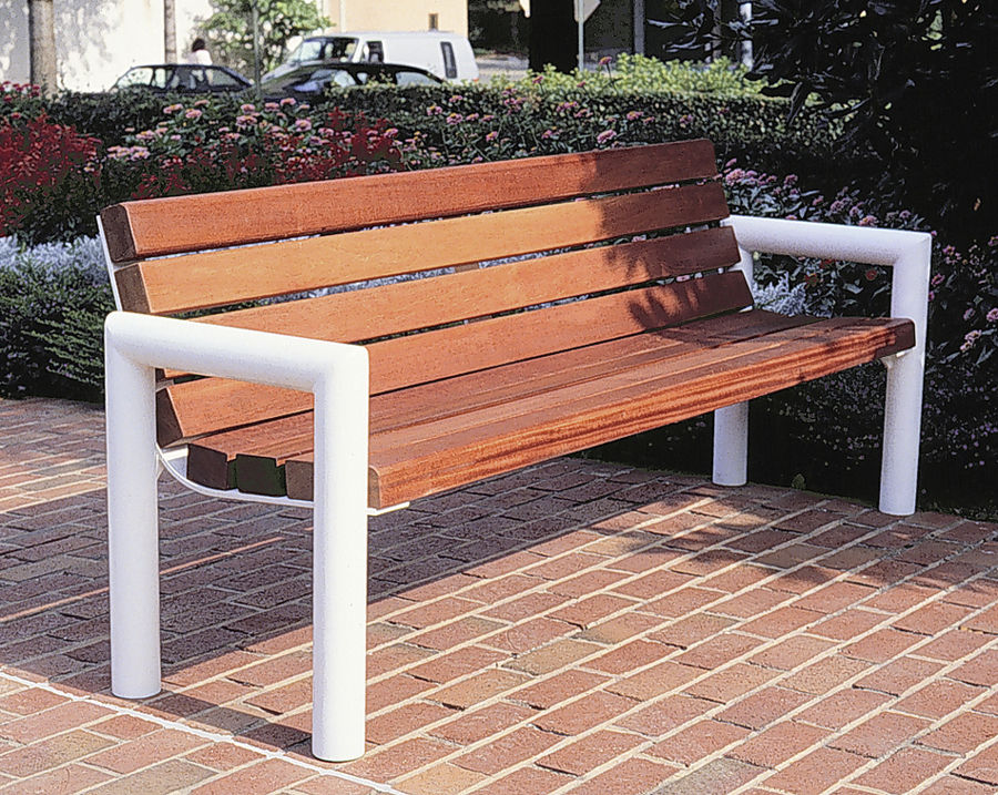 Contemporary public bench - P-8 - Victor Stanley - mahogany / steel ...