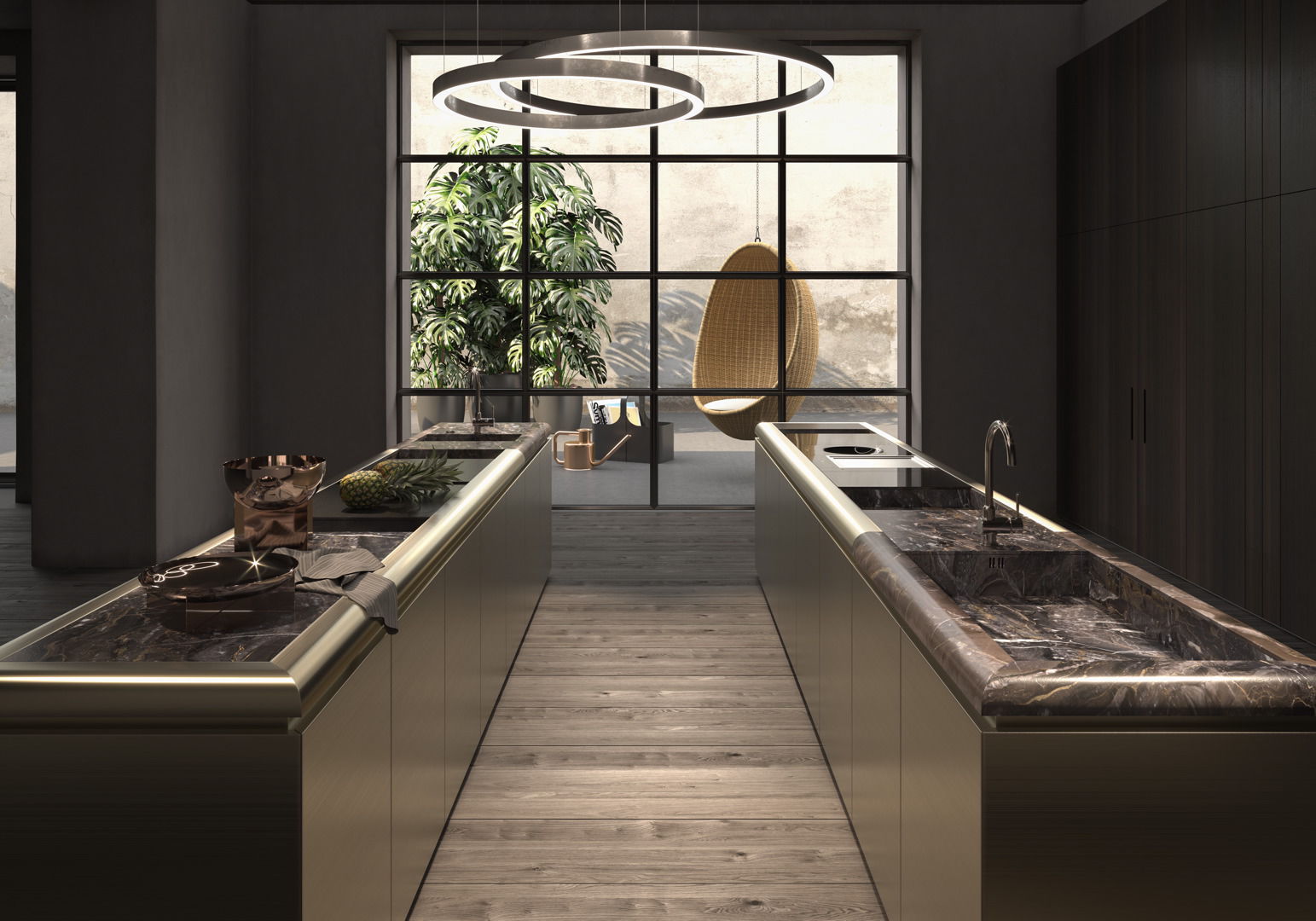 Contemporary kitchen - DC10 - Rossana - marble / wood veneer / island