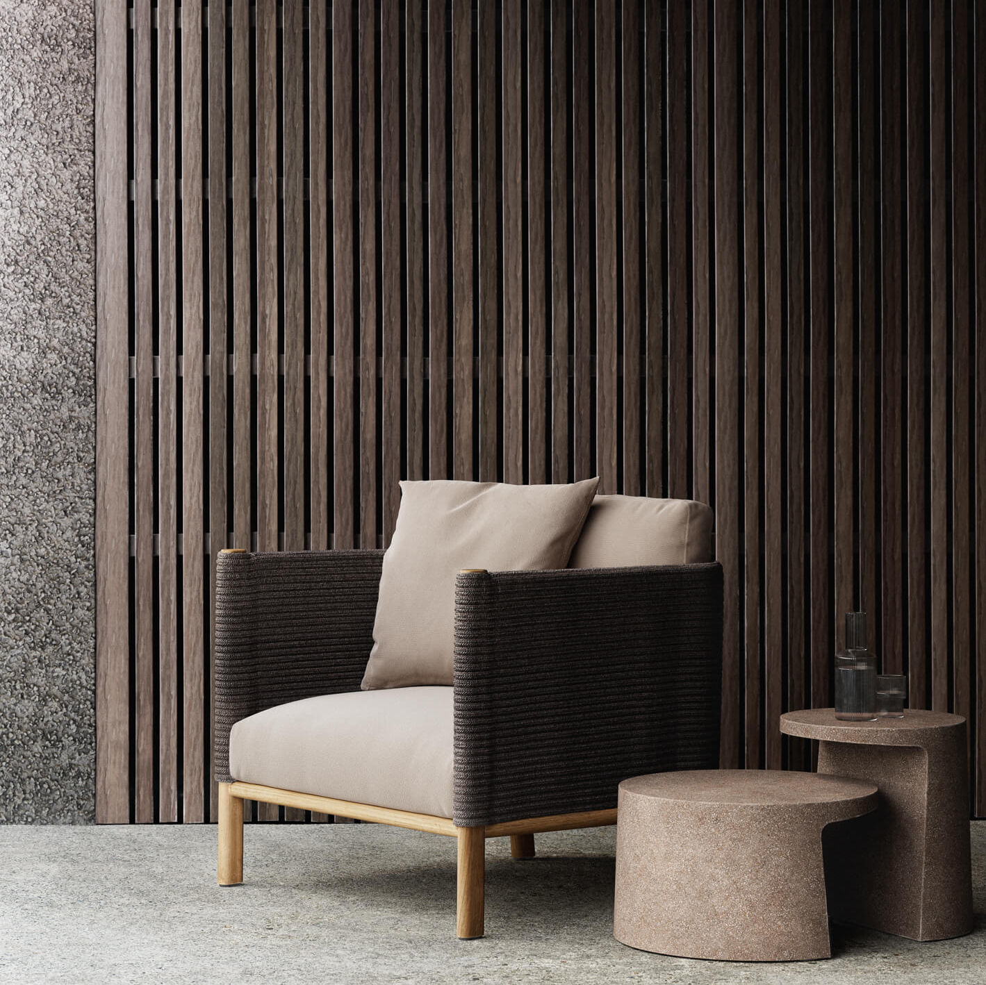 Contemporary side table - Giro - KETTAL - ceramic / concrete / teak base