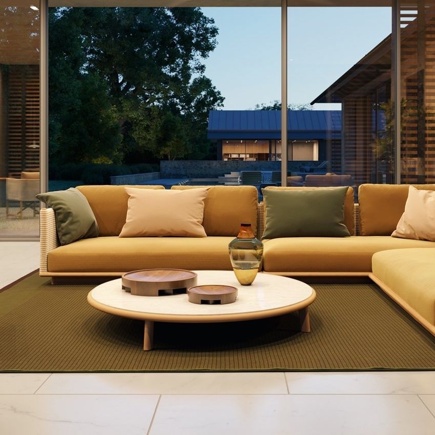 Contemporary coffee table - Giro - KETTAL - ceramic / teak base / round