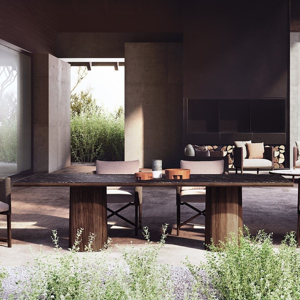 Contemporary dining table - Giro - KETTAL - ceramic / teak base ...