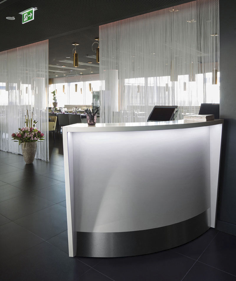 Curved reception desk - 60° EDGE - MOREE - laminated wood / illuminated ...