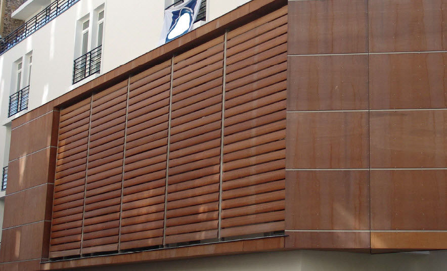 Wooden solar shading - EQUATEUR - SAB INTERNATIONAL - for facade / vertical