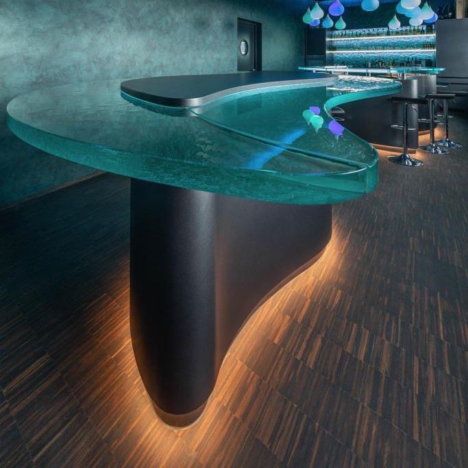 Contemporary table - ThinkGlass - glass / metal base / wooden base