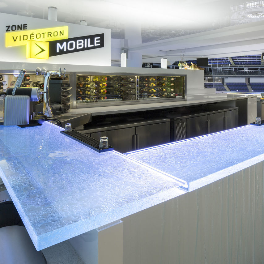 Bar counter - ThinkGlass - glass / L-shaped / illuminated