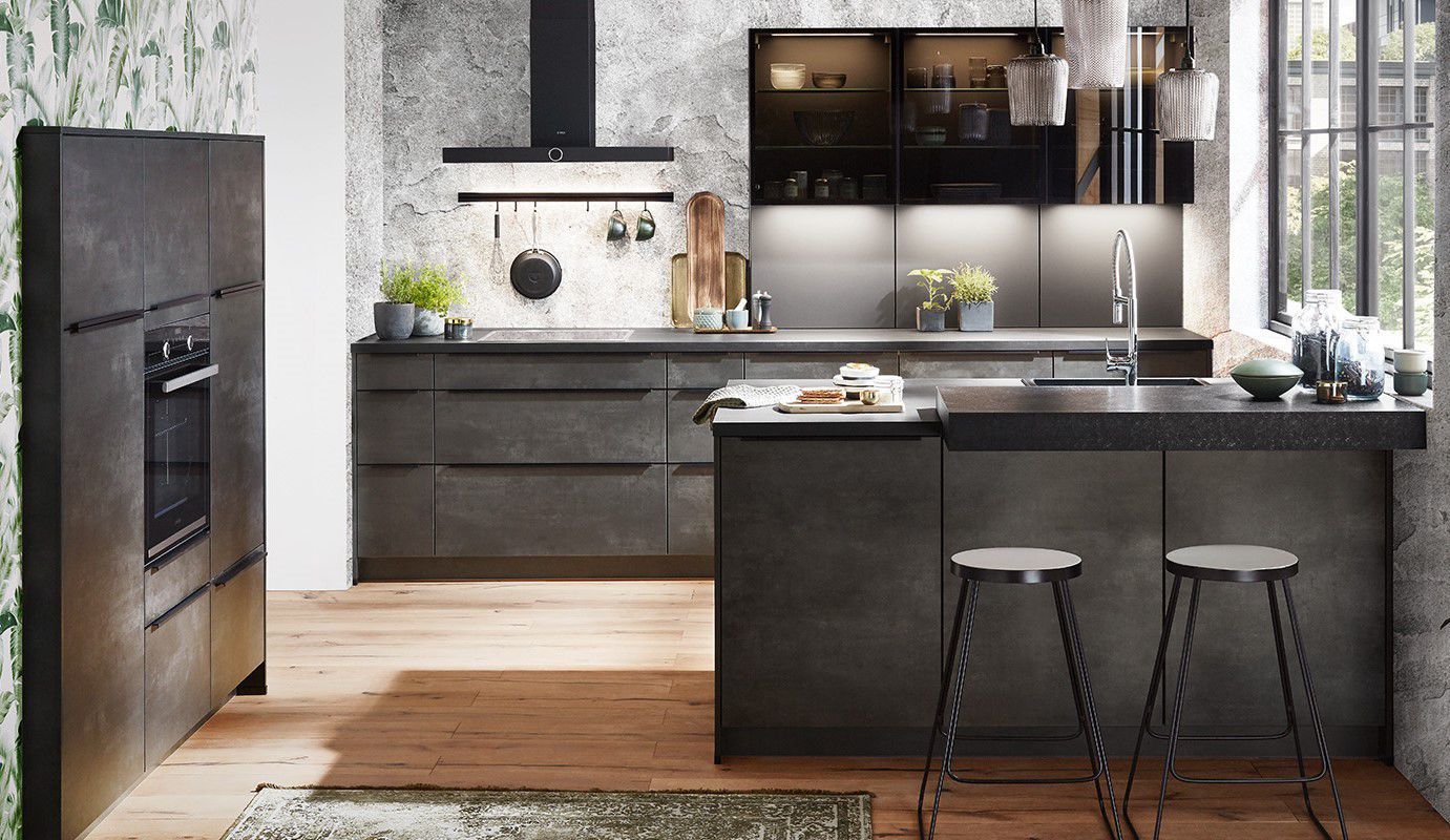 Contemporary kitchen - SPEED 288 - nobilia - concrete / with handle / black