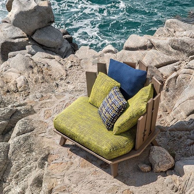 Contemporary armchair - Rafael - Ethimo - polypropylene / teak / with built-in table