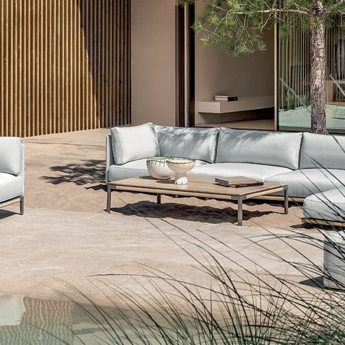 Contemporary coffee table - Baia - Ethimo - travertine / aluminum base / rectangular