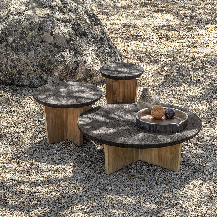 Contemporary coffee table - Cross - Ethimo - glass / cork / teak base