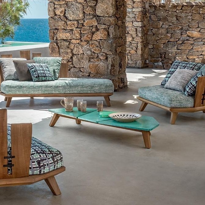 Contemporary coffee table - Rafael - Ethimo - marble / lava stone / teak base