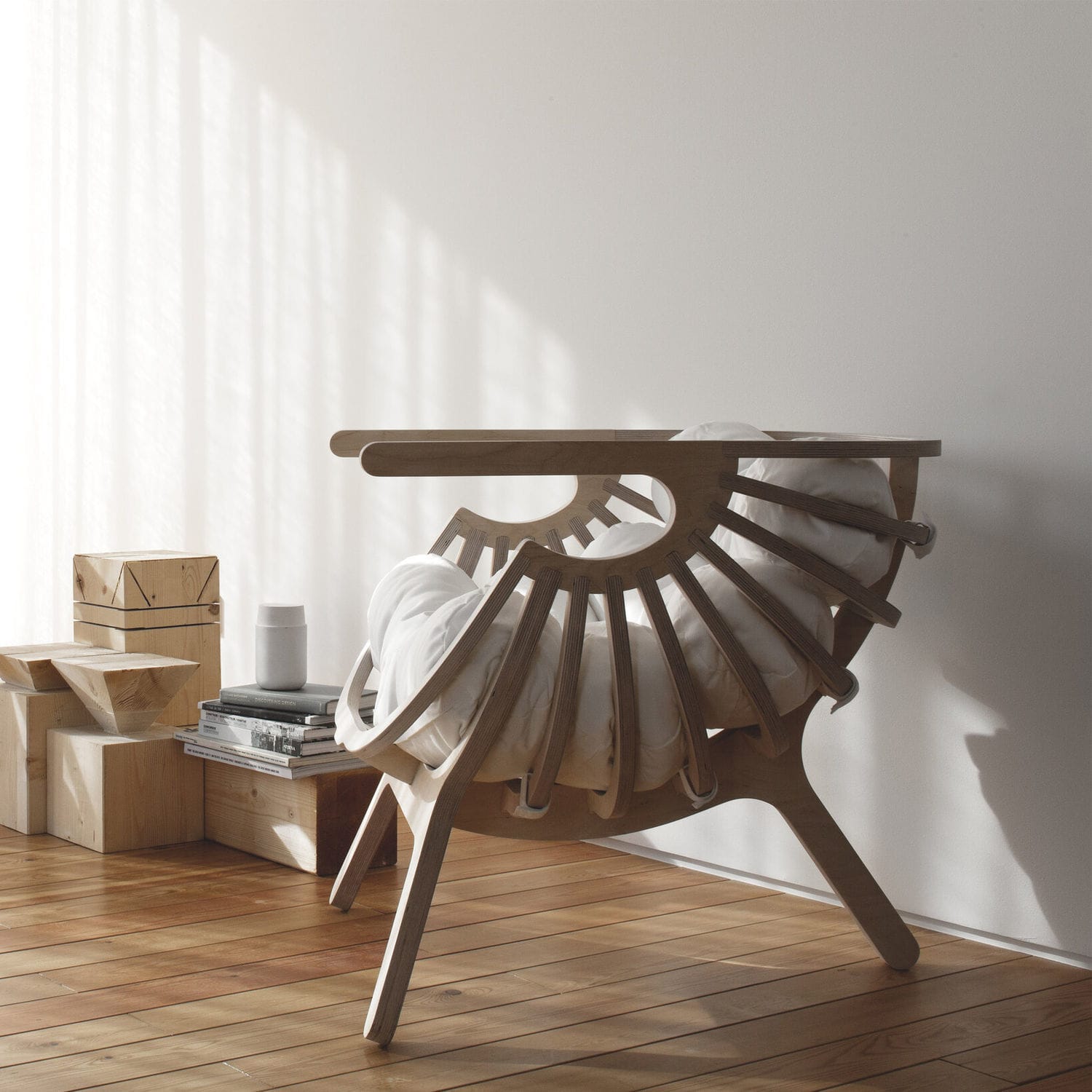 Contemporary armchair - SHELL - Branca-Lisboa - cotton / leather / plywood