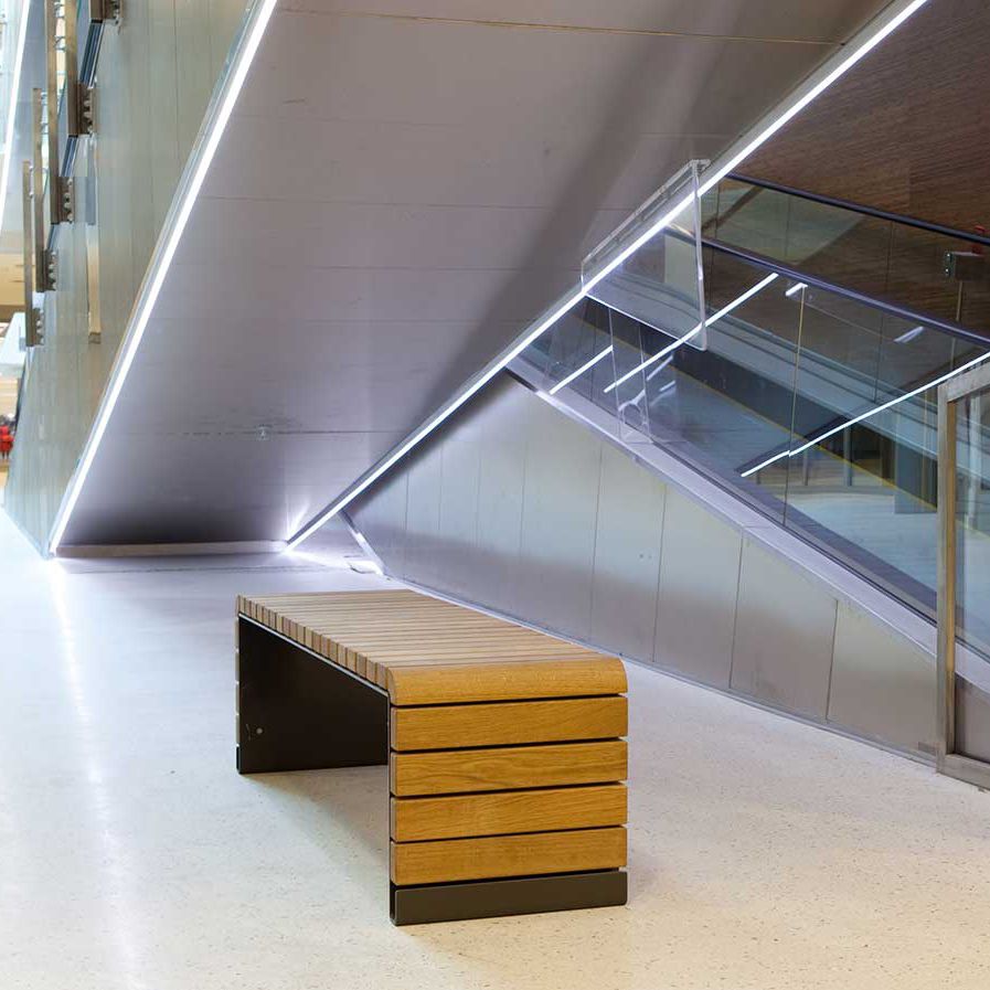 Contemporary public bench - MOVE - Vestre - wooden / galvanised steel