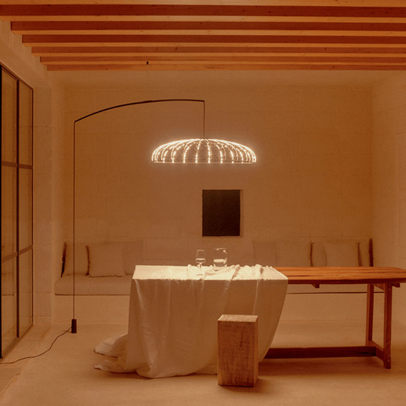 Pendant lamp - Skynest Motion - FLOS - floor-standing / aluminum / fabric