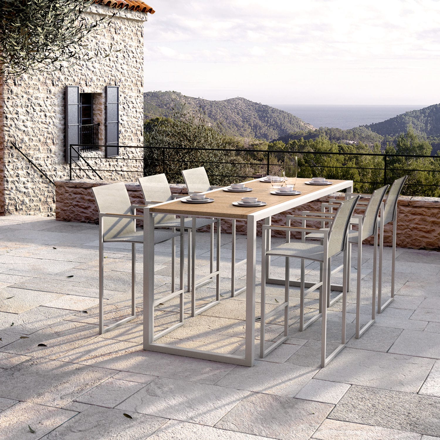 Contemporary high bar table - NINIX - Royal Botania - teak / ceramic / stainless steel base