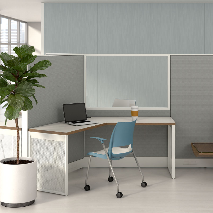 Desk mounted office divider - UNITE - KI - floor-mounted / fabric / glass
