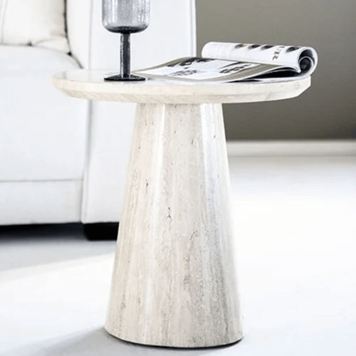 Contemporary side table - AIME - TRUST MOBILIER - travertine / travertine base / round