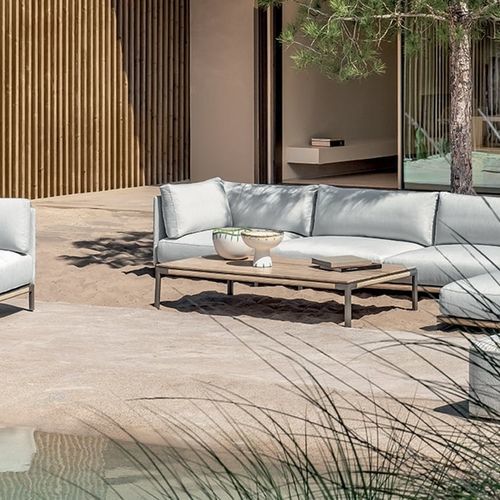 Contemporary coffee table - Baia - Ethimo - travertine / aluminum base / rectangular