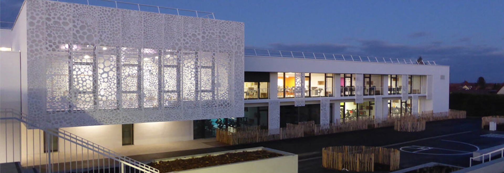 Architectural facade, sun visor and privacy screen made of perforated ...