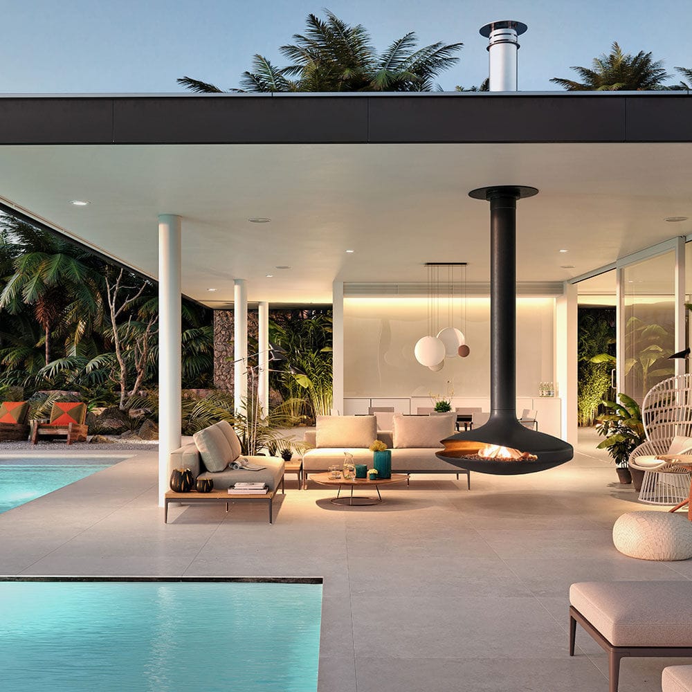 Lareira para ambiente externo - GYROFOCUS - Focus Creation - suspensa / a lenha / contemporânea